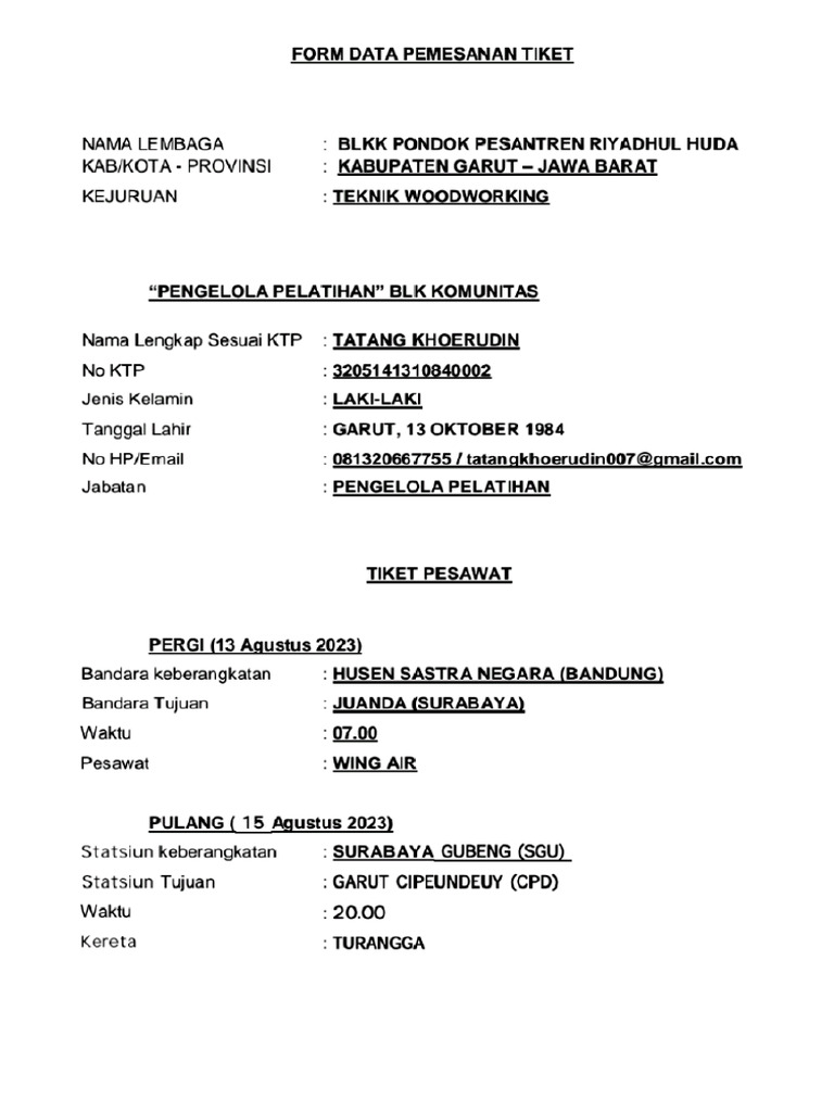 Form Pemesanan Tiket Tatang Khoerudin | PDF