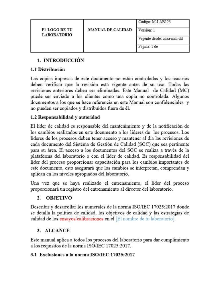 Manual de Calidad ISO IEC 17025-2017 | PDF