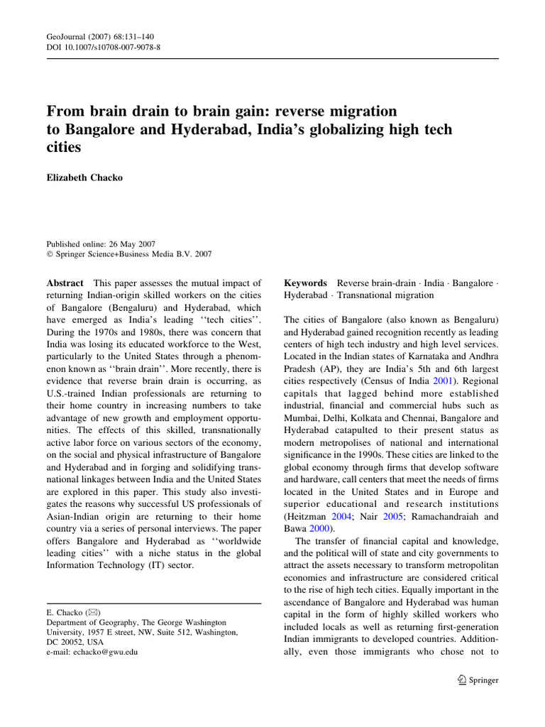 From Brain Drain To Brain Gain Reverse M | PDF | Immigration | Bangalore