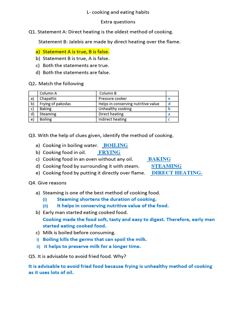 Lesson 9 Class 3 Cooking and Eating Habits, HOTS ANSWER KEY | PDF ...