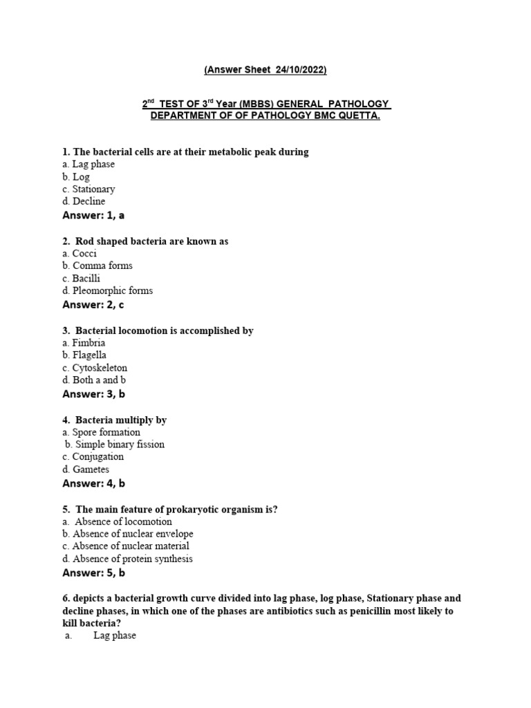 3rd year 2nd 24-10-22 Answer Sheet | PDF | Bacteria | Microorganism