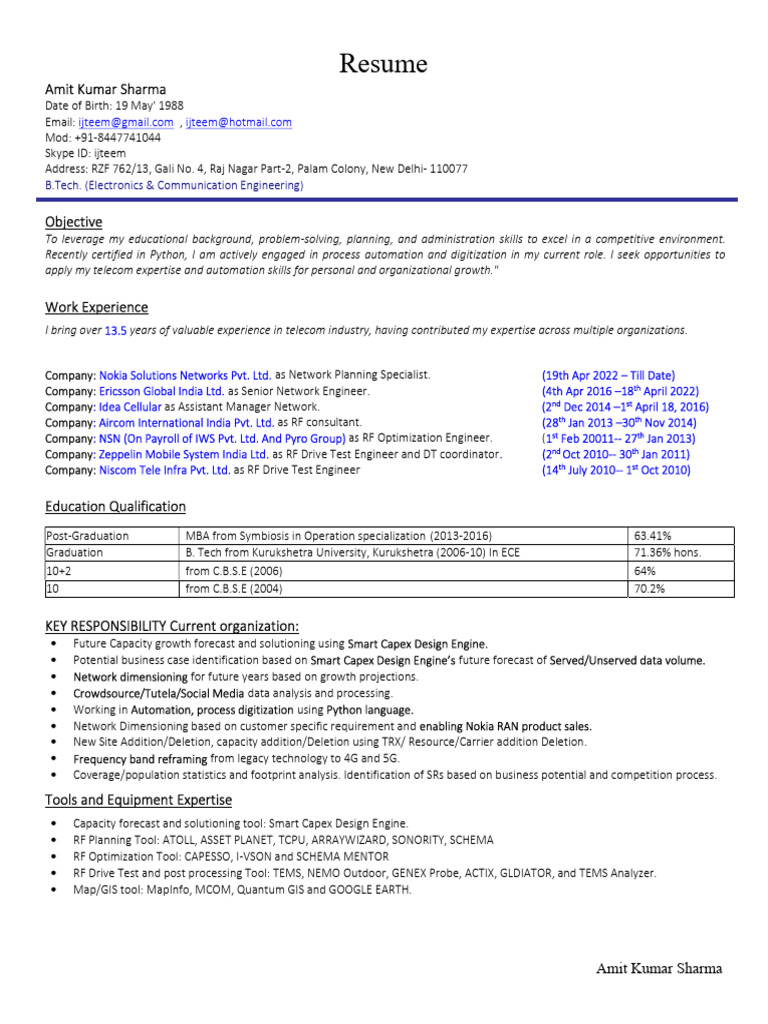 Amit Kumar Sharma - Resume - Nokia | PDF | High Speed Packet Access | Lte (Telecommunication)