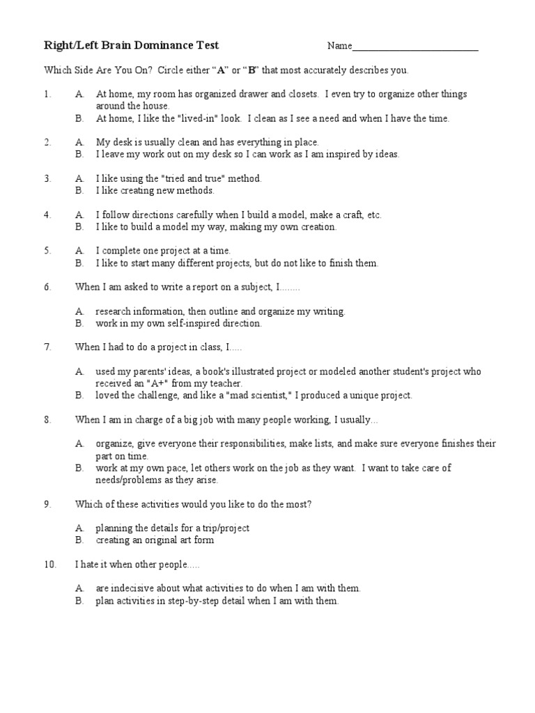 Right Left Brain Dominance Test | PDF | Lateralization Of Brain ...