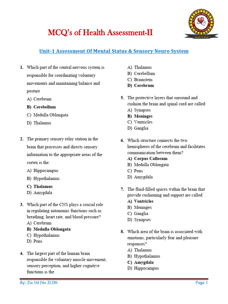 Health Assessment MCQs: Mental & Sensory Systems | PDF | Central ...
