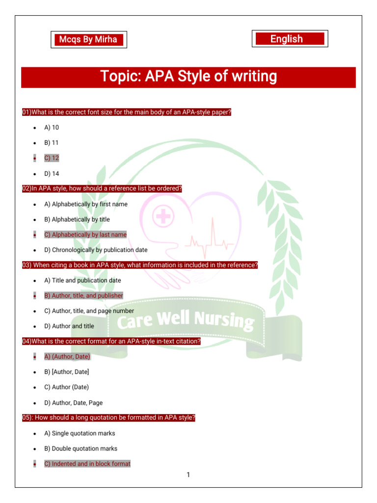 Mcqs On APA Style of Writing Provided by Mirha | PDF | Apa Style | Citation