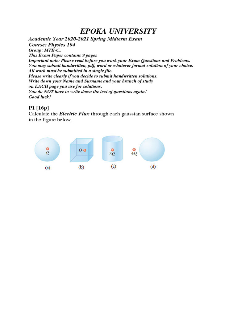 Epoka University: Academic Year 2020-2021 Spring Midterm Exam Course: Physics 104 | PDF ...