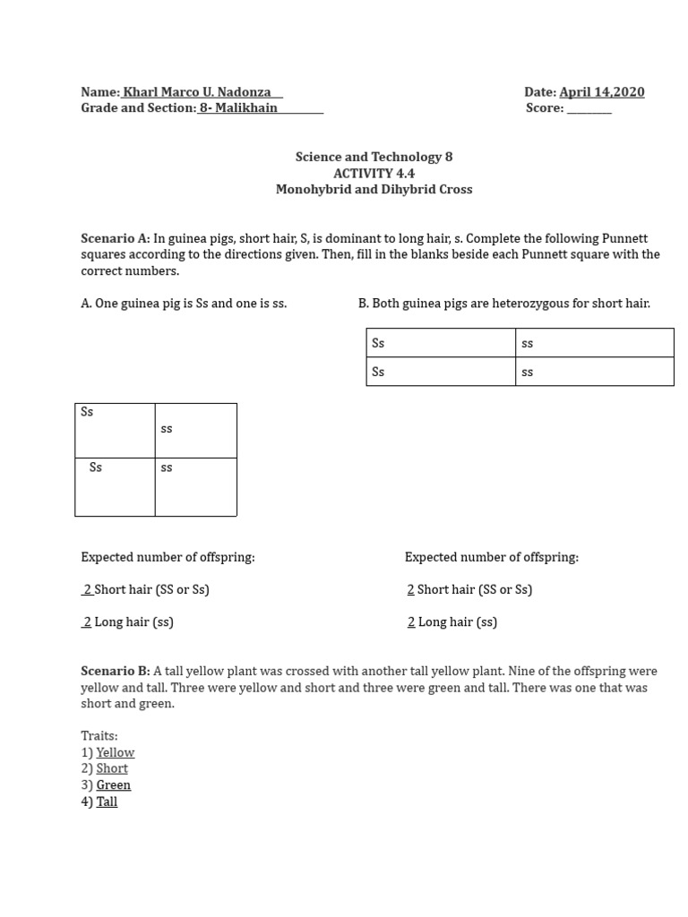 Monohybrid and Dihybrid Cross. (Kharl) | PDF