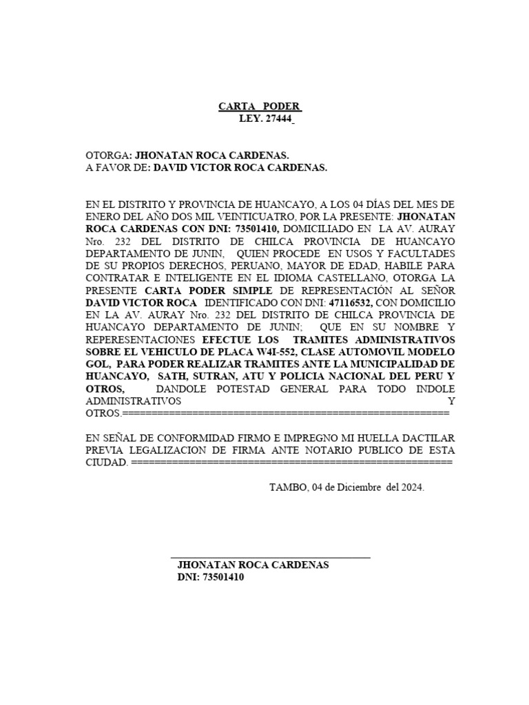 Carta Poder Simple - Notarial 2024 | PDF | Derecho