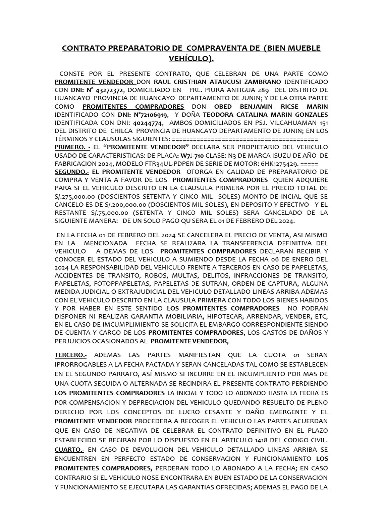 Contrato Preparatorio de Compra Venta Vehiculo 2024 | PDF | Justicia | Crimen y violencia