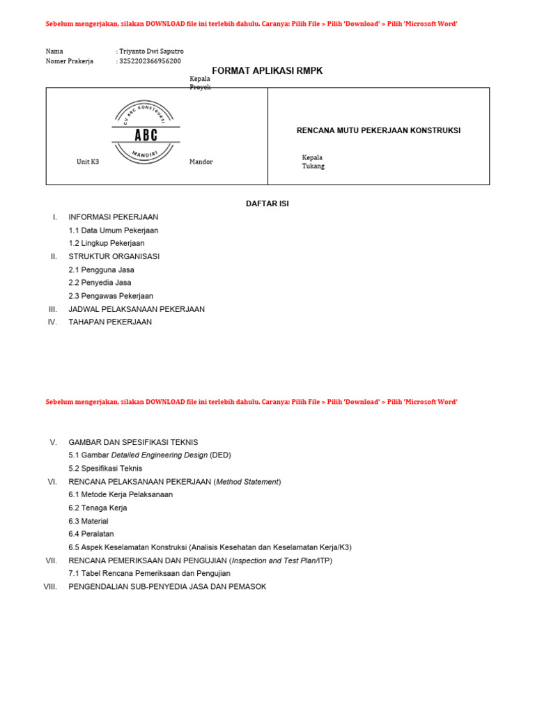 Format RMPK Pekerjaan Konstruksi | PDF