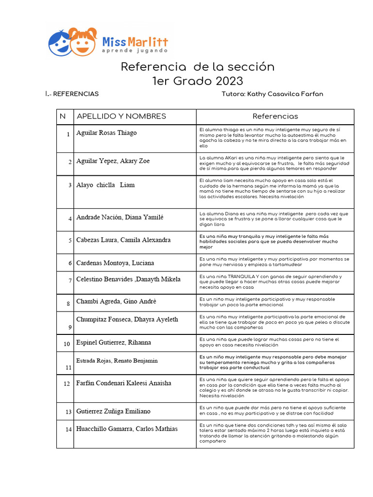 4.3 Referencias de La Sección (1er Grado) | PDF | Sicología | Conceptos ...