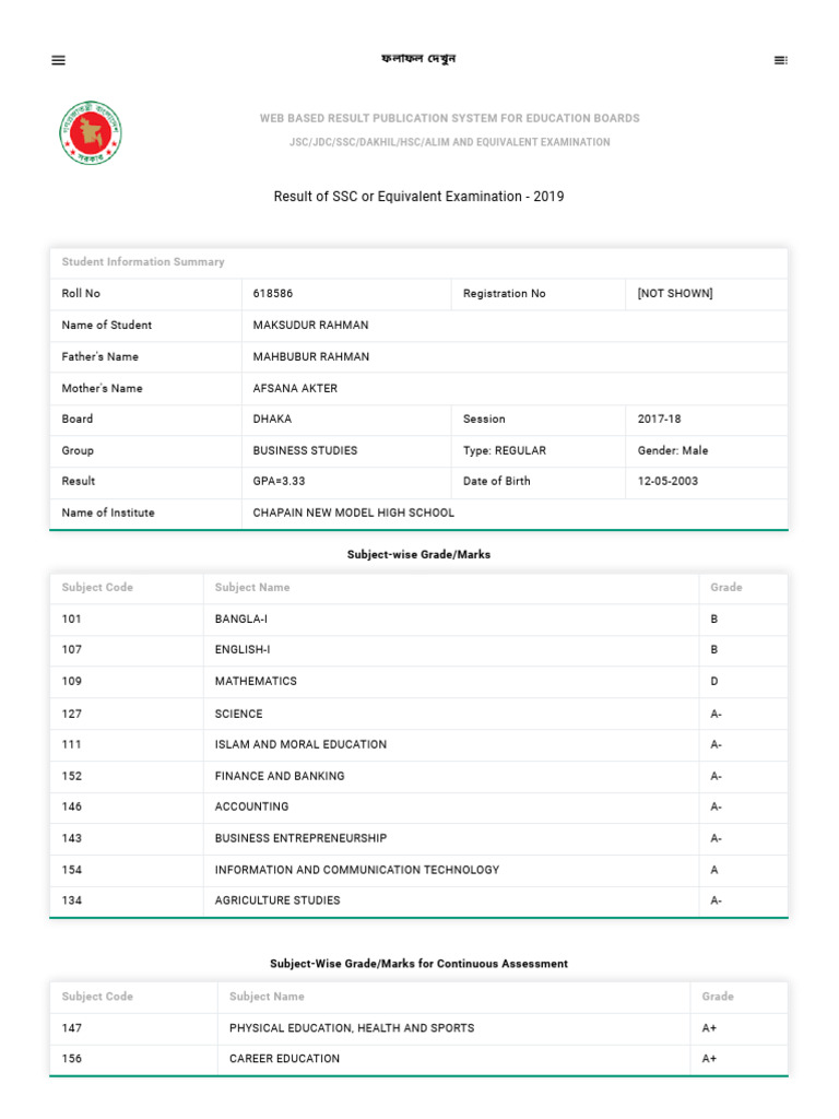 Result of SSC or Equivalent Examination - 2019: Web Based Result ...