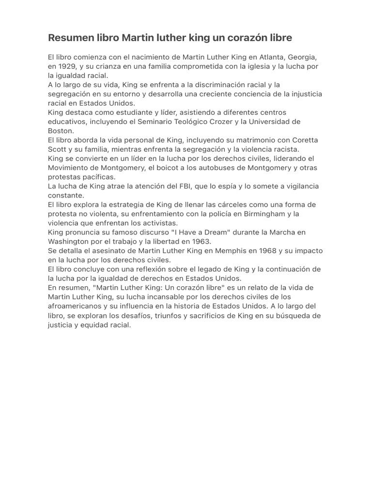 Resumen Libro Martin Luther King Un Corazón Libre | PDF | Política