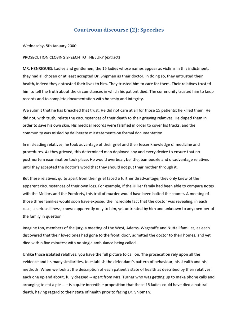 Courtroom Speeches Handout | PDF | Law | Mystery, Thriller & Crime Fiction