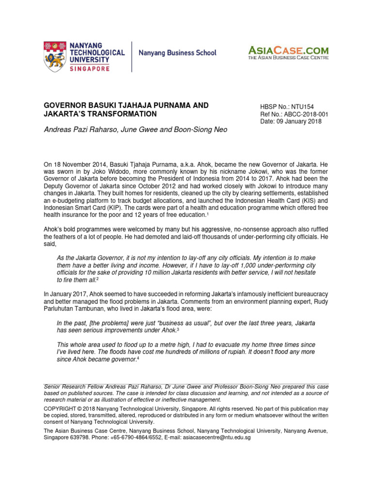 Governor Basuki Tjahaja Purnama and Jakarta's Transformation | PDF