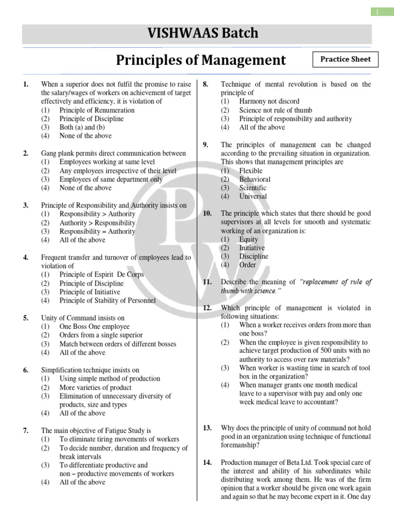 Ch2 - Principles of Management Practice Sheet & Solution | PDF ...