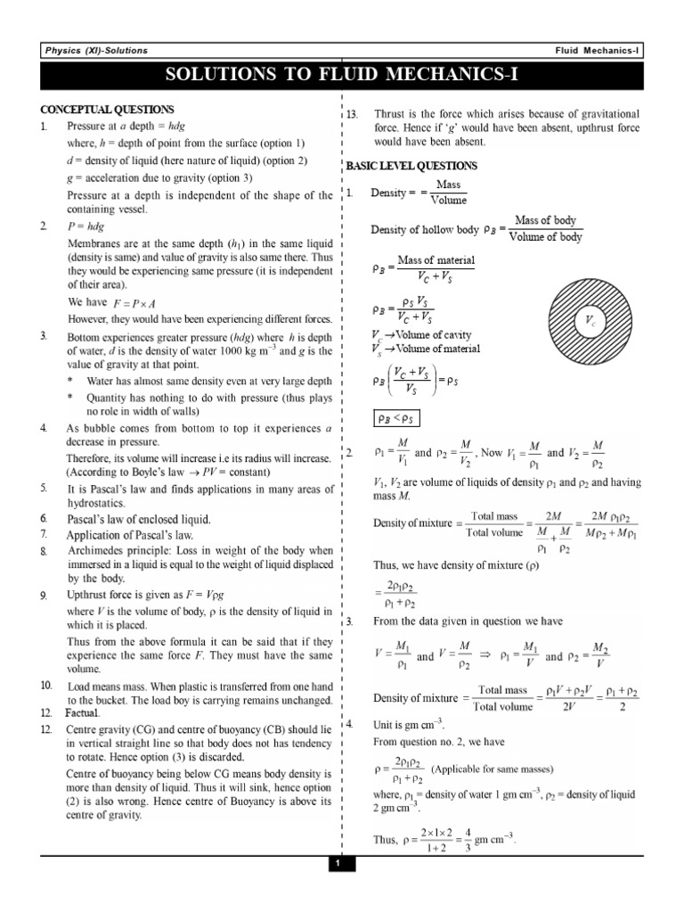 QB Sol Fluid Mechanics-I | PDF | Density | Volume