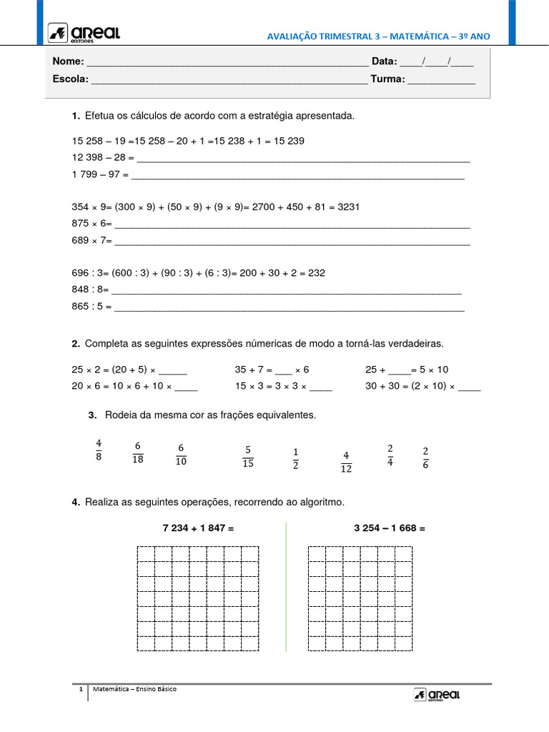 Ae Avaliacao Trimestral3 Mat3 Enunciado 2023 | PDF