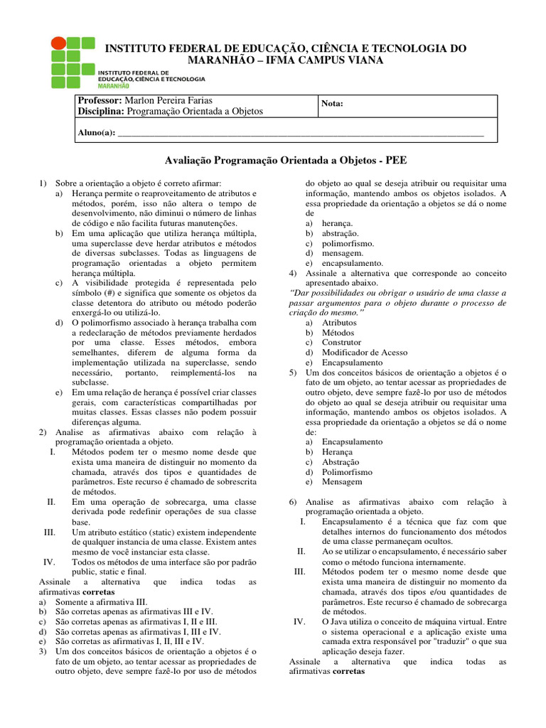 Avaliação Programação Orientada A Objetos Pdf Classe Programação De Computadores