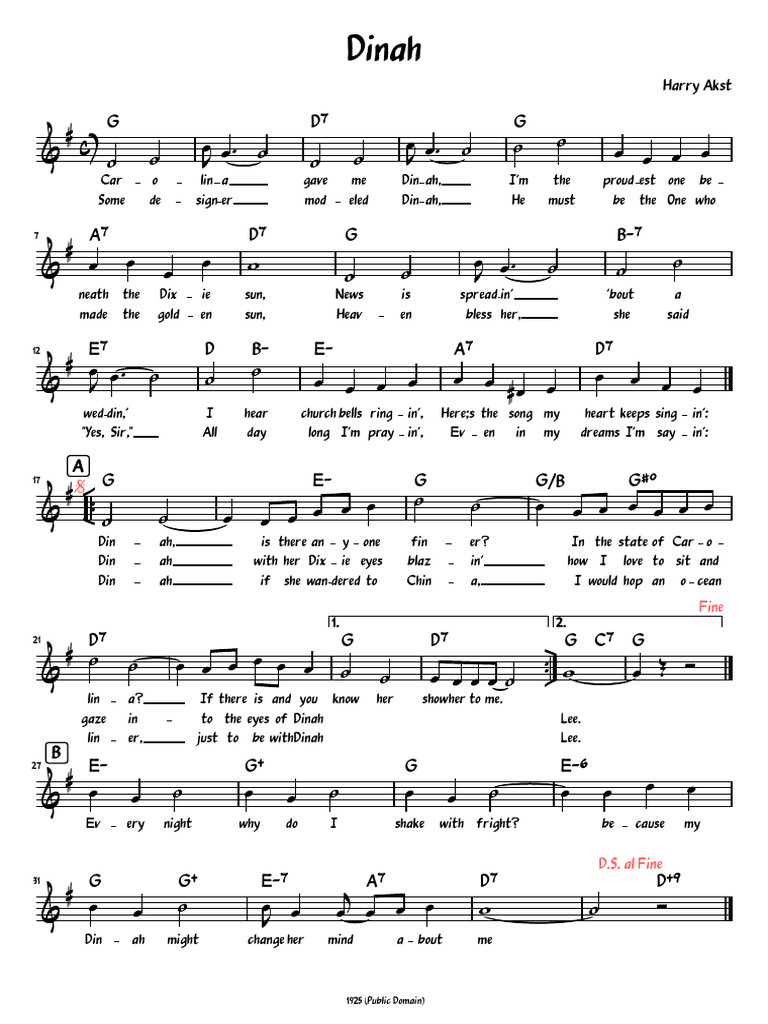Dinah Lead Sheet With Lyrics and Verse | PDF