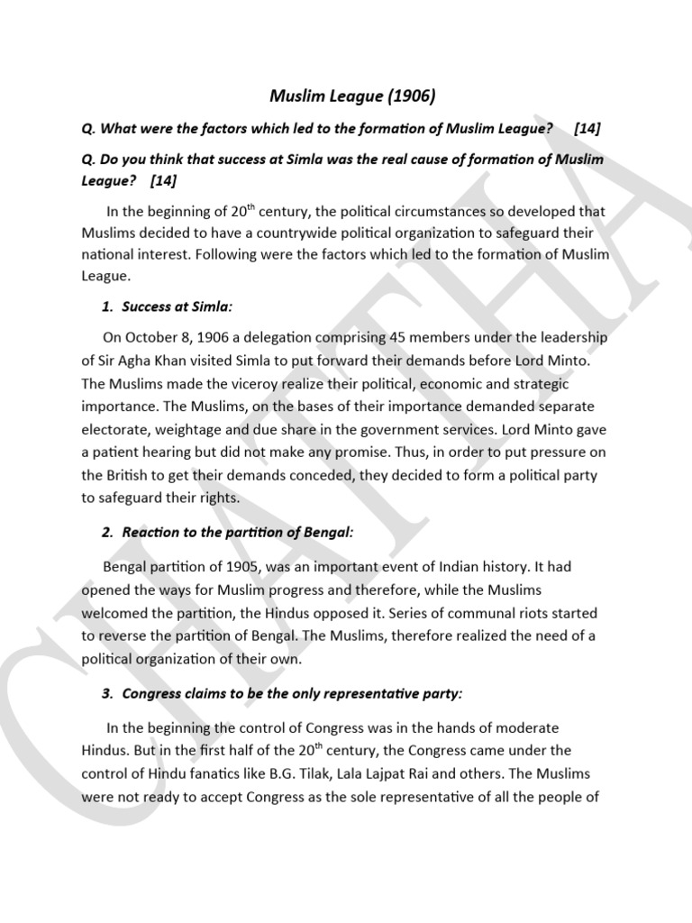 Formation Of Muslim League Pdf Partition Of India All India