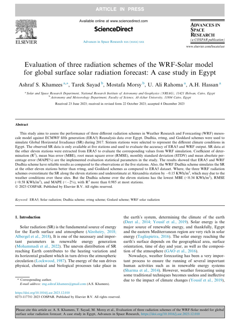 Evaluation Of Three Radiation Schemes Of The Wrf Solar Model For Global