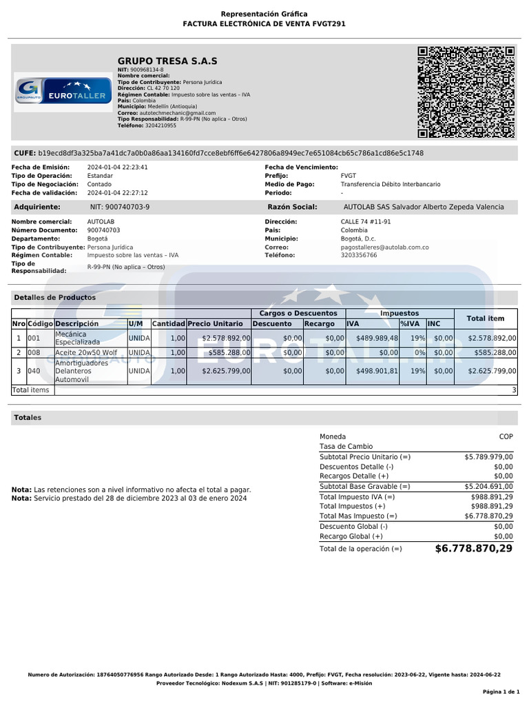 Factura FVGT291 Grupo Tresa | PDF | Factura | Impuesto al valor agregado