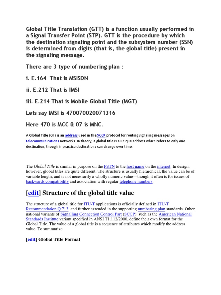 Global Title | PDF | Telecommunications | Telephony