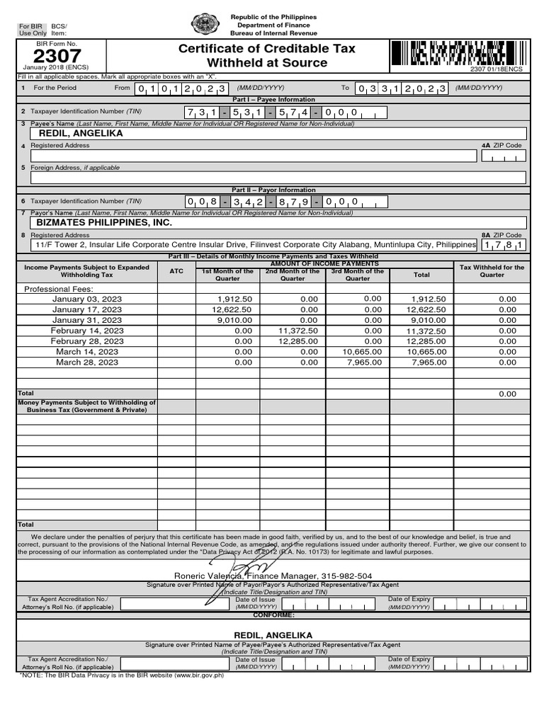 Certificate of Creditable Tax Withheld at Source: Redil, Angelika | PDF ...