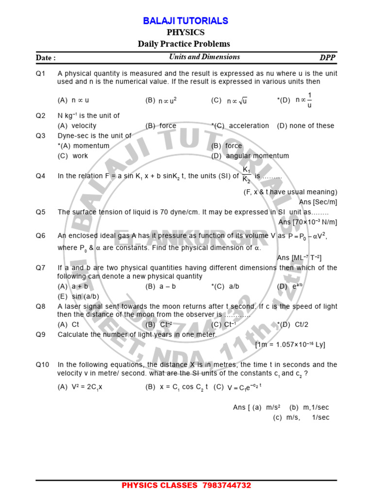 DPP Physics 11th Vectors Dimensions Kinematics Basic Maths | PDF | Force | Velocity