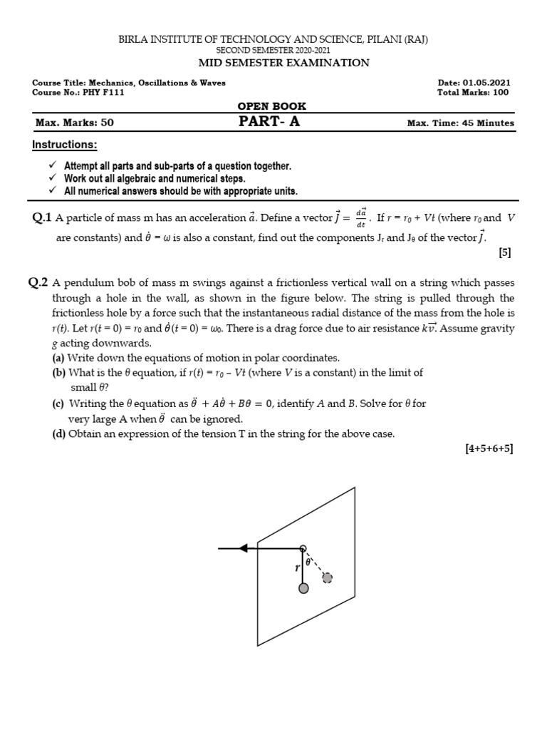 Physics Exam for BITS Pilani Students | PDF | Velocity | Force
