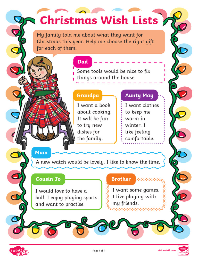 T 1699363610 Esl Christmas Wish Lists Reading Comprehension Kids A1 A2 ...