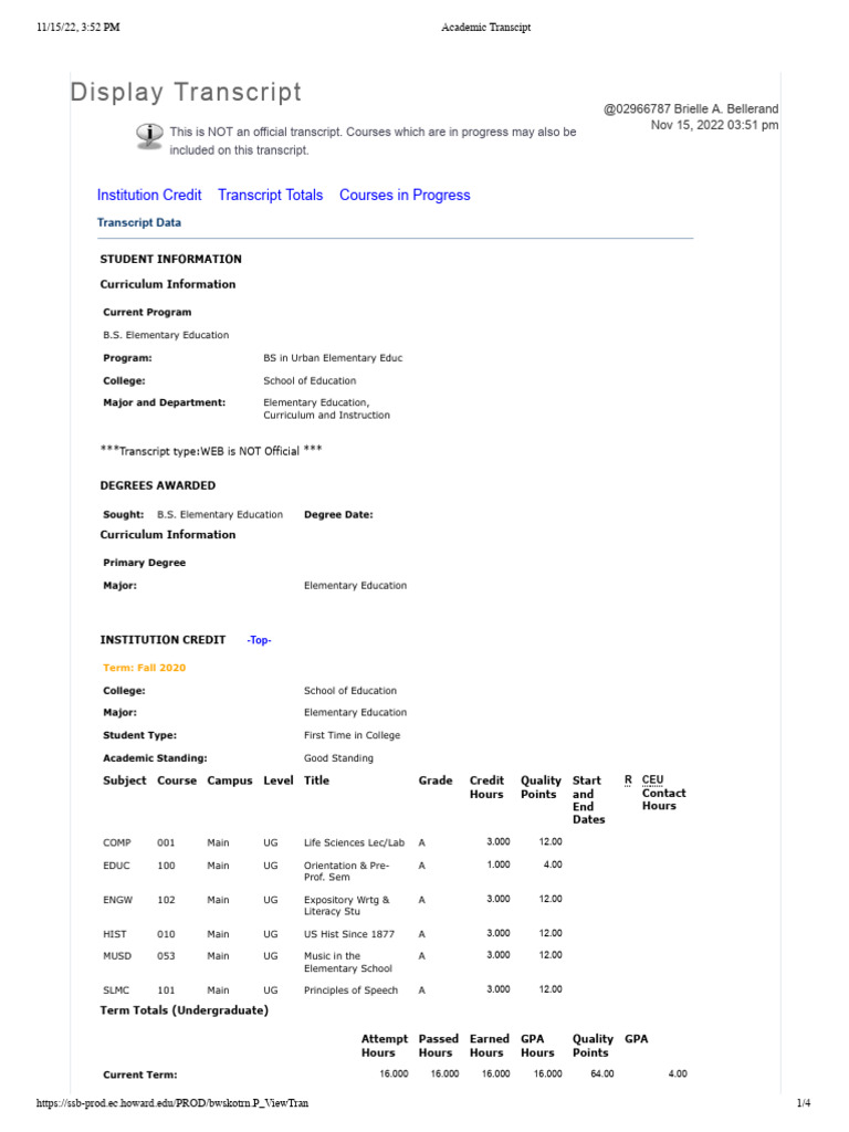 Brielle Bellerand - Academic Transcipt | PDF | Academia