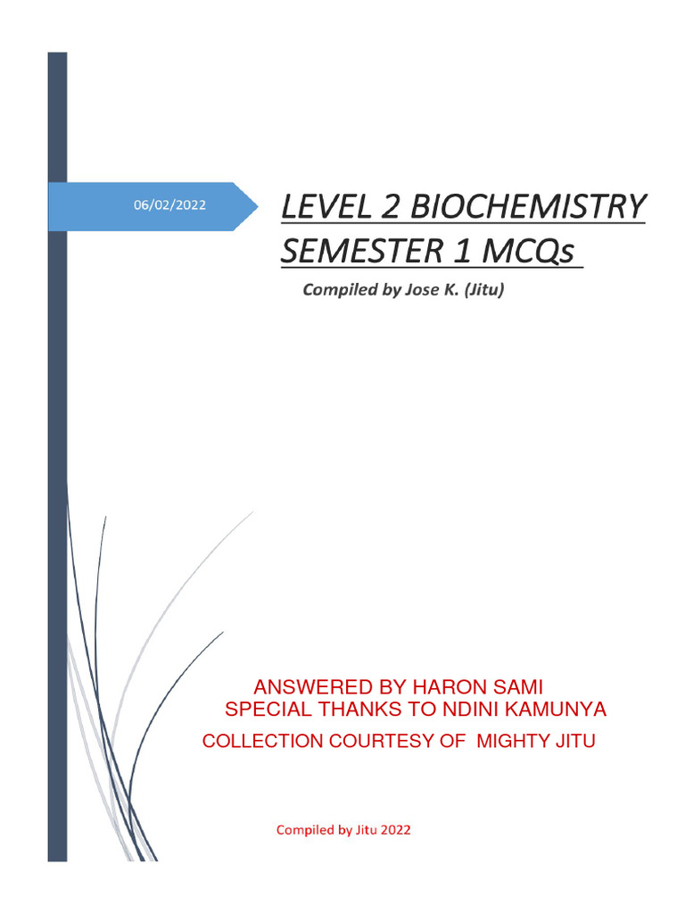 LEVEL 2 BIOCHEM SEM 1 MCQs ANS | PDF | Dna | Proteins