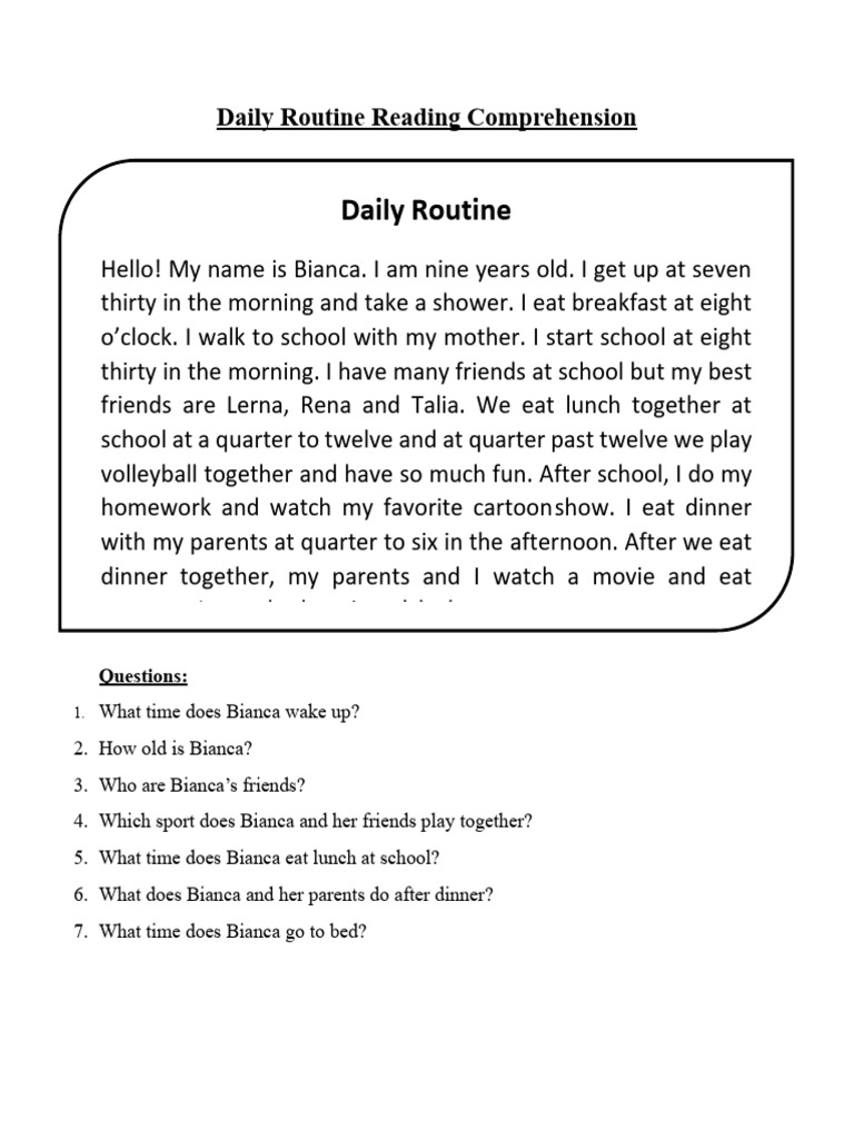 Daily Routine Reading Comprehension | PDF Daily Routine Reading Comprehension | PDF
