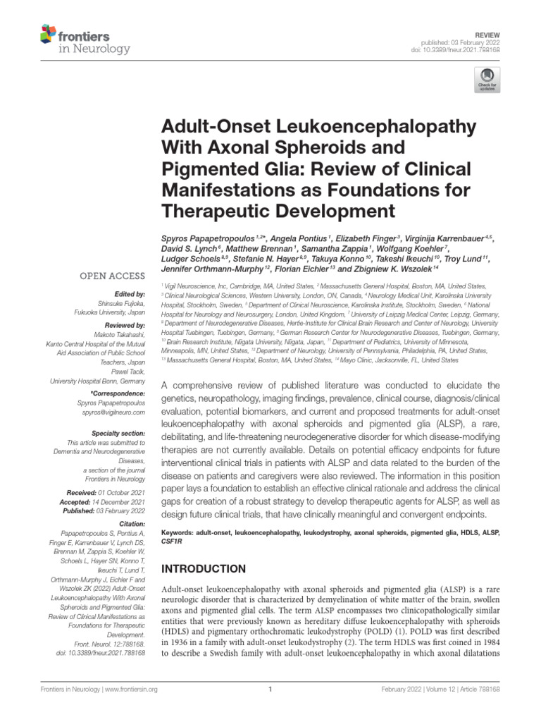 Adult-Onset Leukoencephalopathy With Axonal Spheroids and Pigmented Glia | PDF | White Matter ...