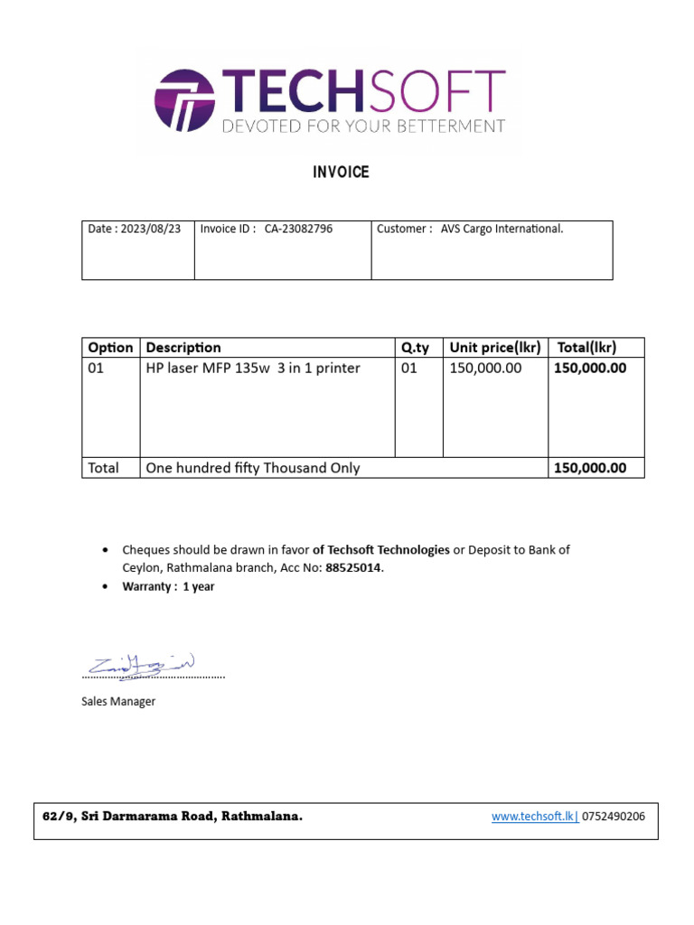 Techsoft Invoice for Printer Sale | PDF | Technology & Engineering