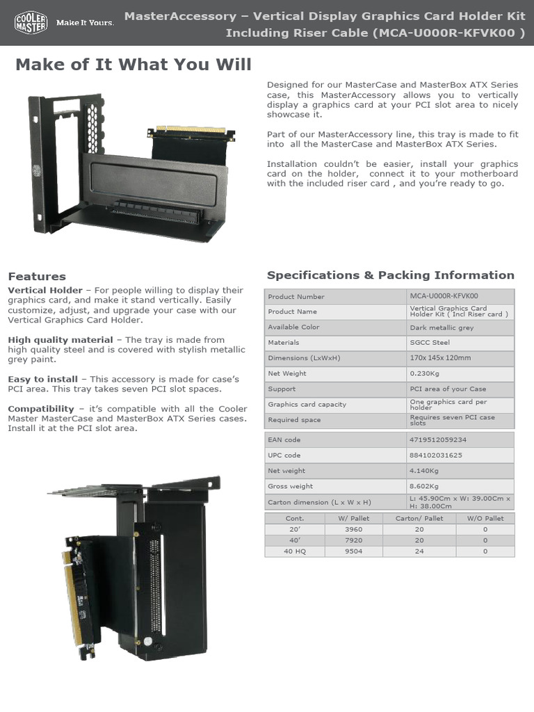 Product Sheet - Vertical Graphics Card Holder Kit (Including Riser Card ...