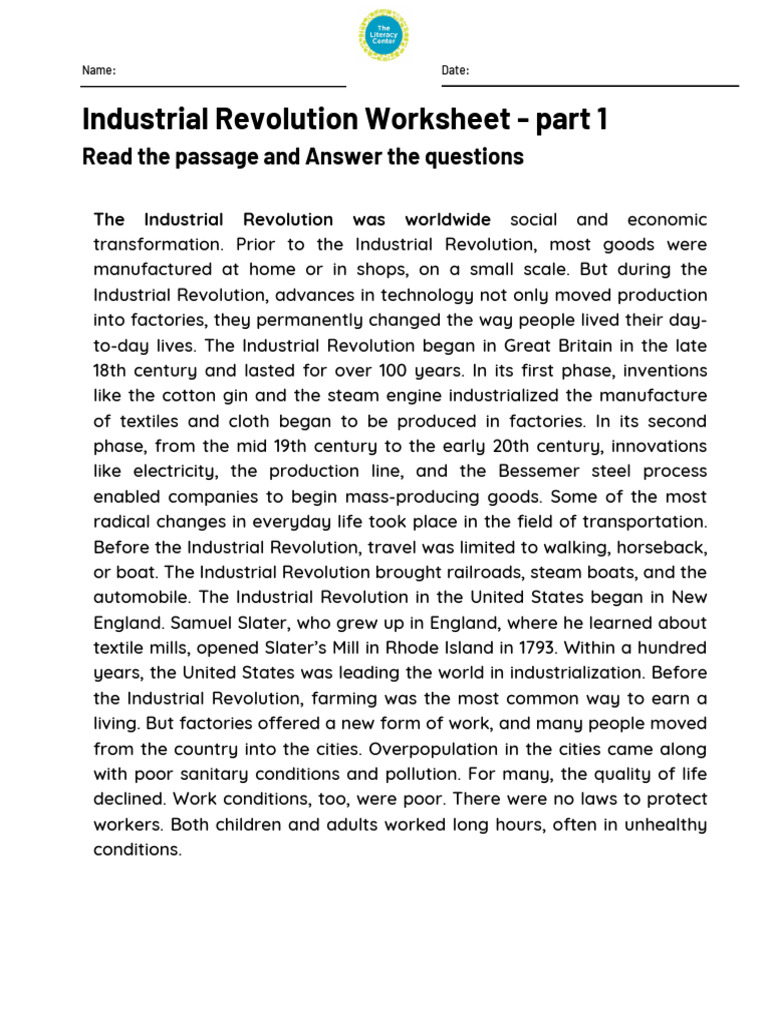 Industrial Revolution Quiz Worksheet | PDF | Travel | Lifestyle