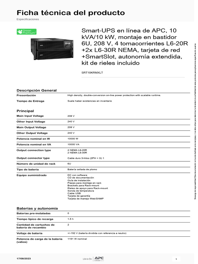 Smart-UPS en Línea - SRT10KRMXLT | PDF | Cantidades fisicas | Cantidad