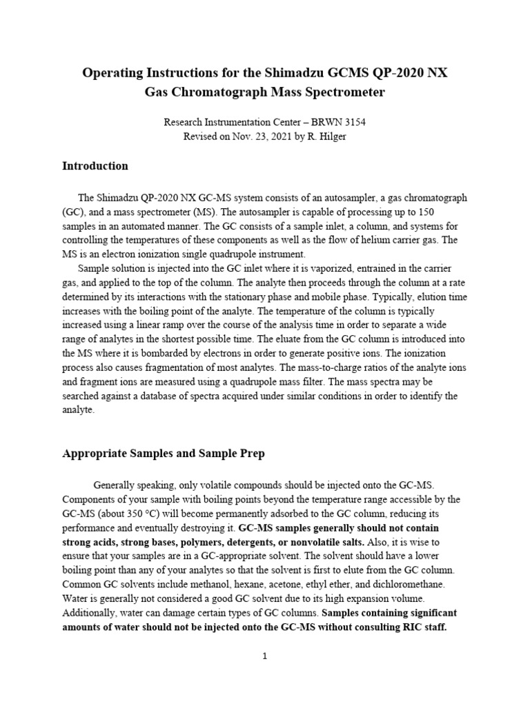 Shimadzu QP 2020 NX GCMS Training Manual | Download Free PDF | Gas Chromatography | Gas ...