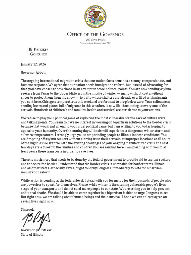 Pritzker letter to Abbott on Migrants | PDF