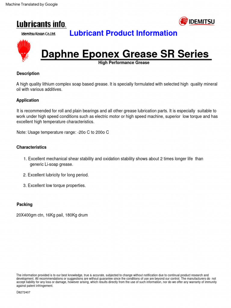 Daphne Eponex Grease No. 2 Overview | PDF | Materials | Mechanical ...