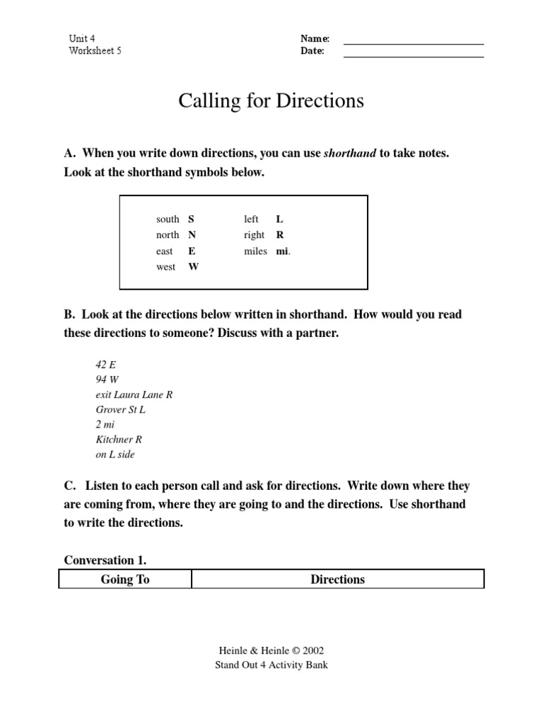 Calling For Directions: Unit 4 Worksheet 5 | PDF