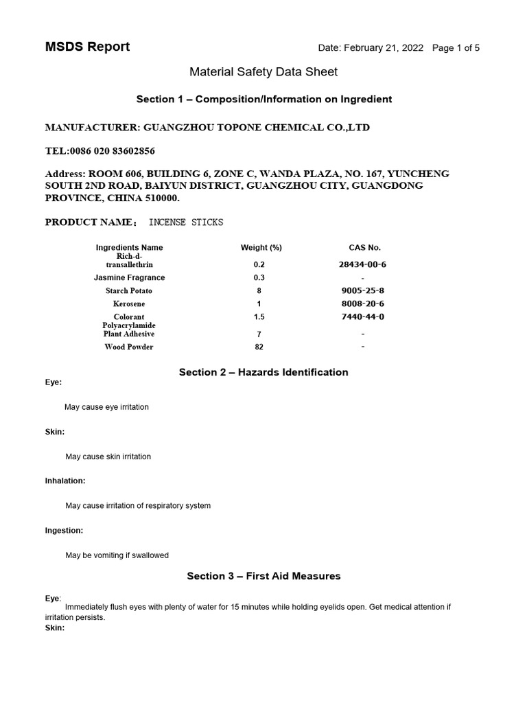 Msds-Incense Sticks | PDF | Personal Protective Equipment | Physical Sciences
