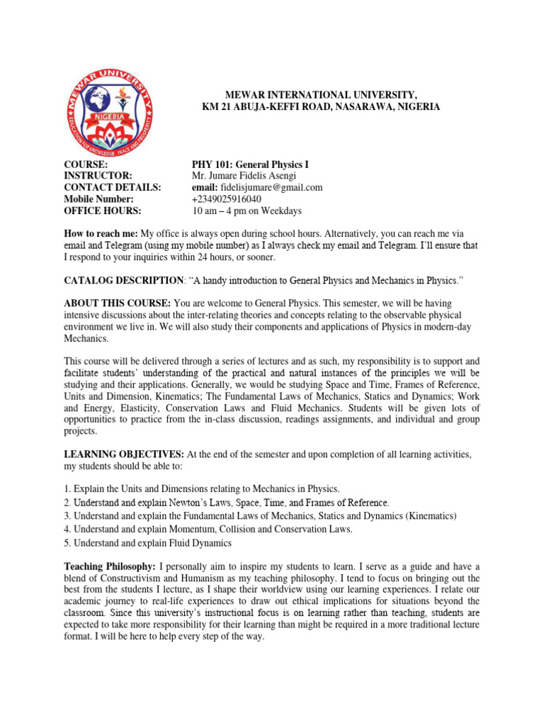 PHY 101 Syllabus and Note | PDF | Momentum | Euclidean Vector