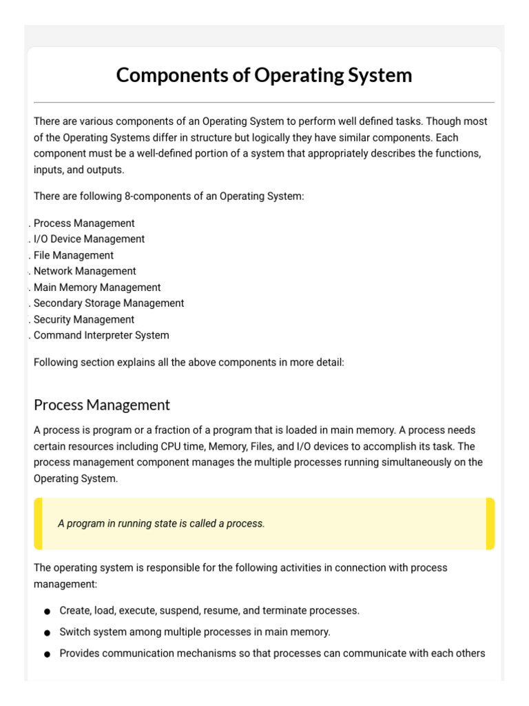Components of Operating System | PDF | Computer Data Storage | Process (Computing)