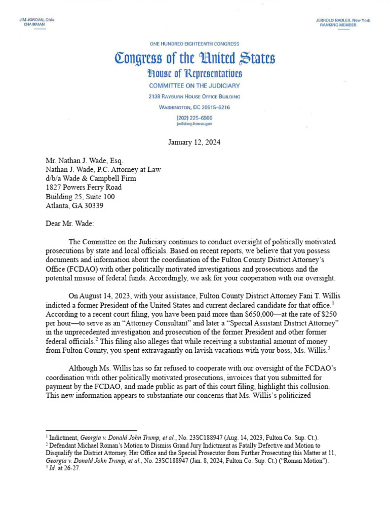 House Judiciary Committee Letter To Nathan Wade | PDF | Prosecutor ...