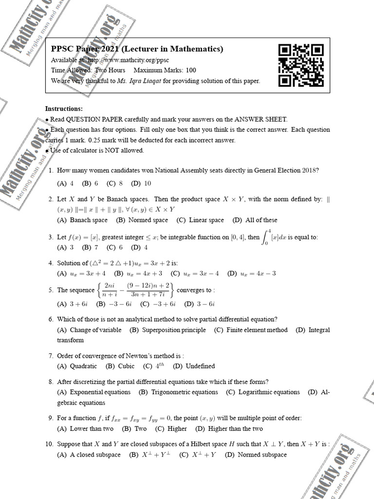 PPSC Mathematics Past Paper 2021 | PDF | Partial Differential Equation | Equations