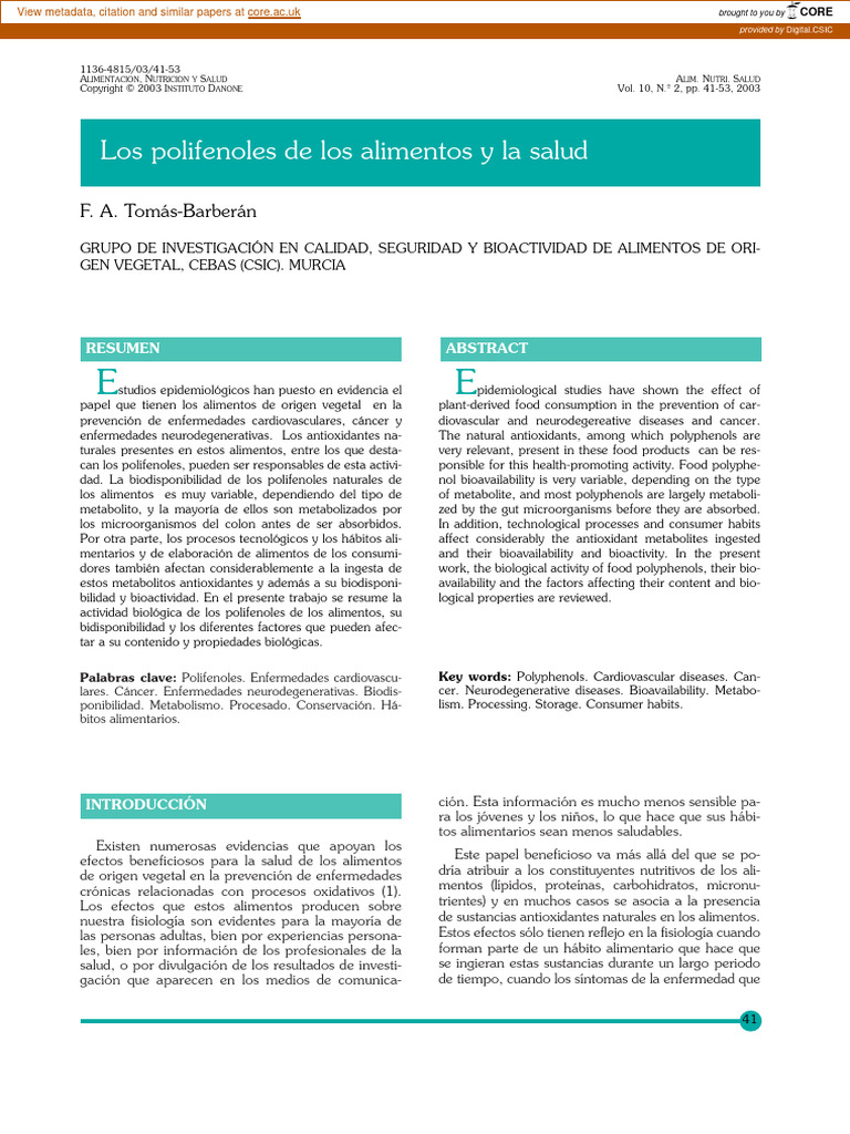 Los Polifenoles de Los Alimentos y La Salud: F. A. Tomás-Barberán | PDF ...